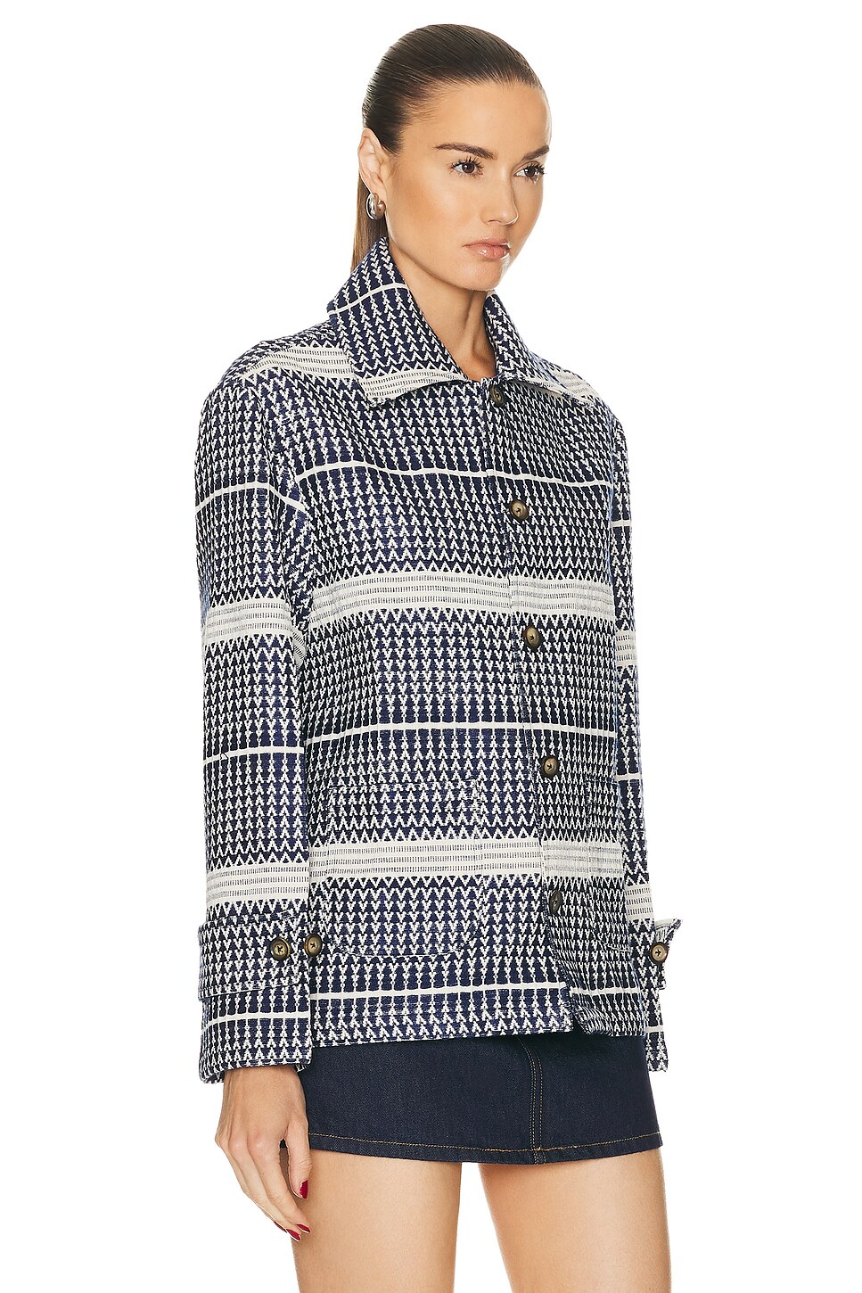 HARAGO Jacquard Handloom Blouson Jacket in Navy | FWRD