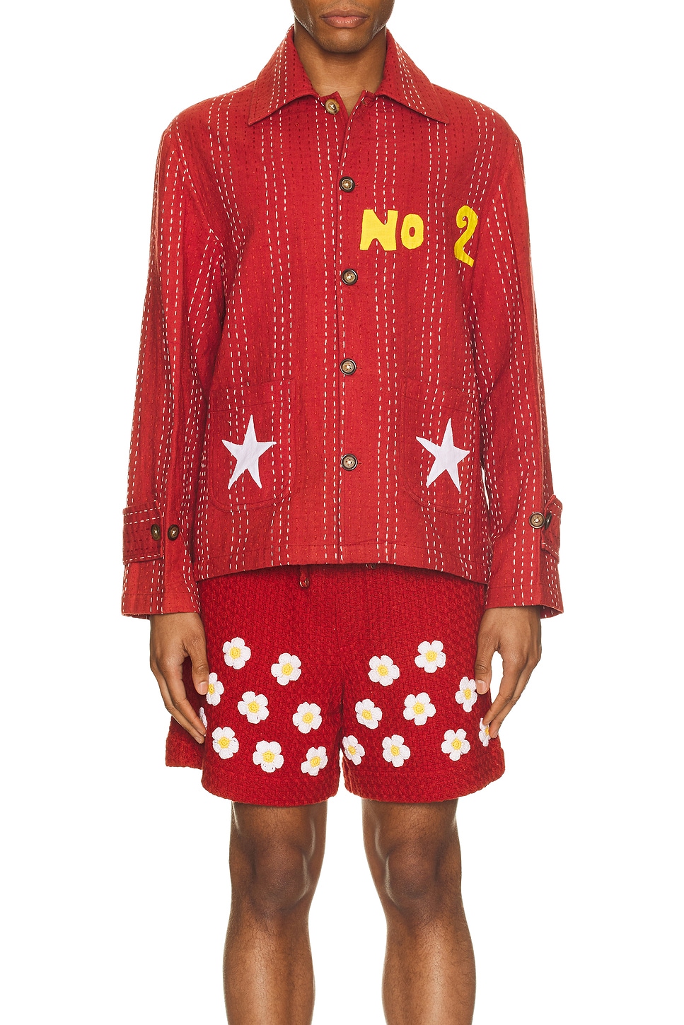 HARAGO Quilted Applique Jacket in Red | FWRD