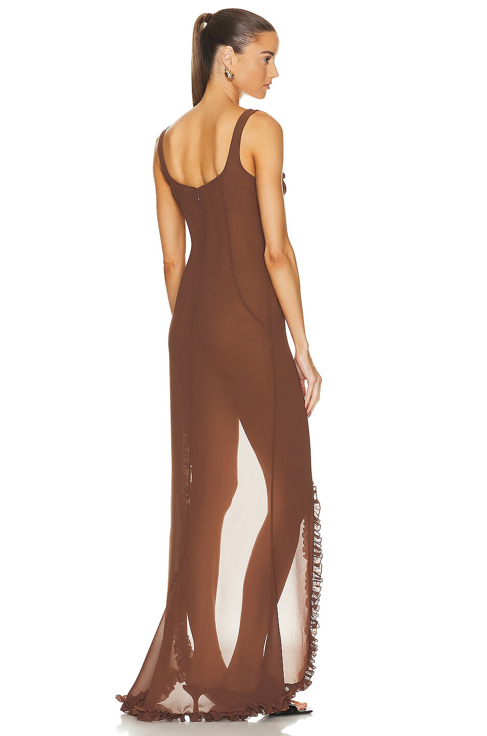 Helsa Sheer Ruffled Long Dress in Chocolate Brown | FWRD