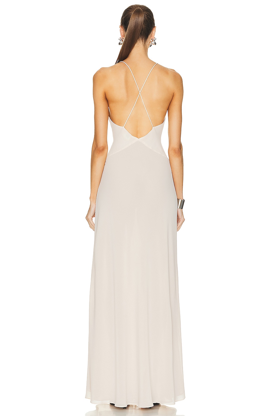 Helsa Sheer Deep V Long Slip Dress in Cream | FWRD