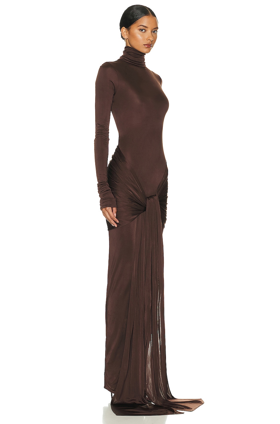 Helsa Slinky Jersey Sarong Maxi Dress in Chocolate Brown | FWRD