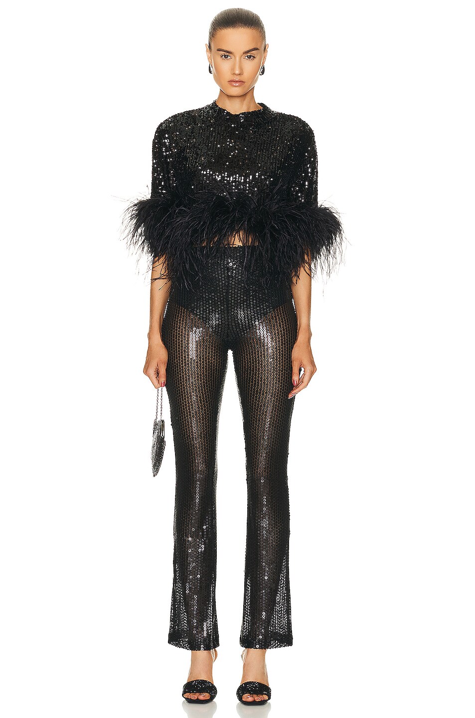 ILA Bella Feather Trimmed Crop Top in Black Sequin | FWRD