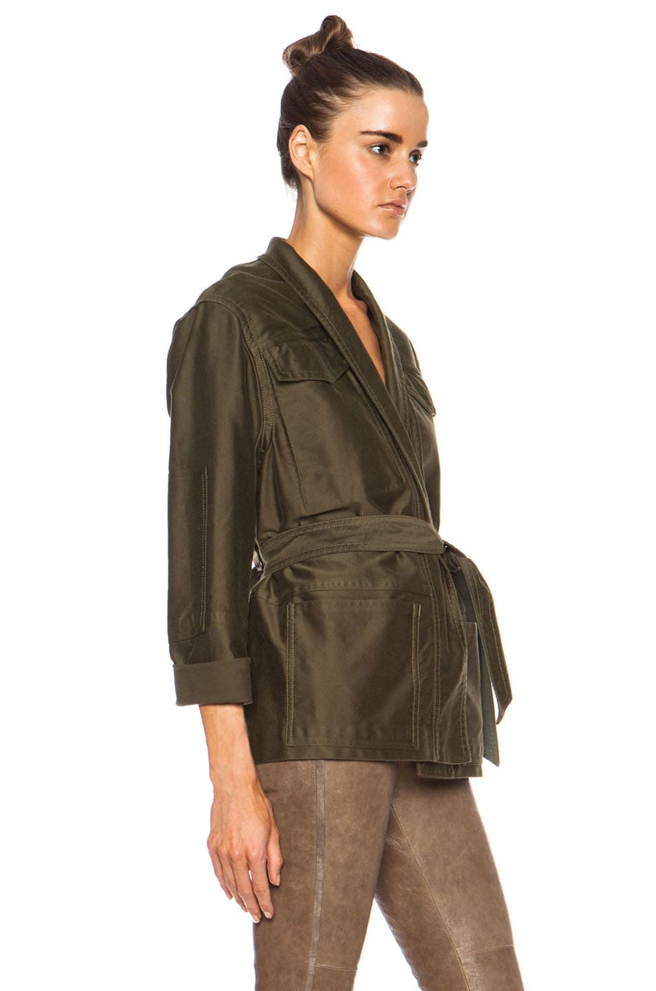 Isabel Marant John Cotton Satin Robe Wrap Jacket in Khaki | FWRD