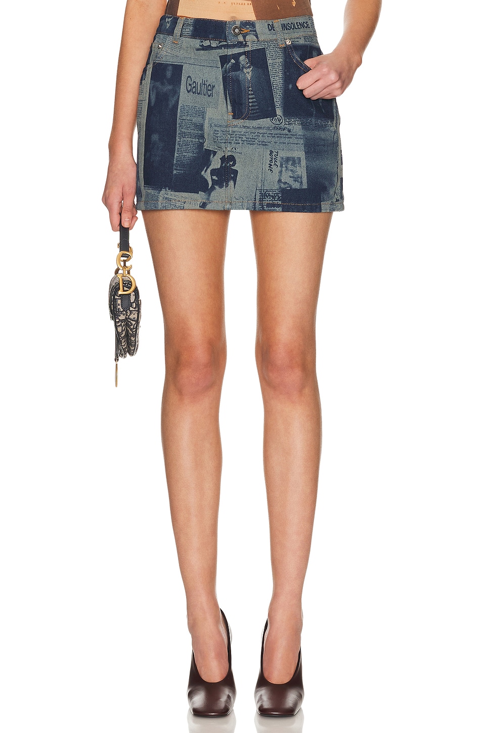 Jean Paul Gaultier Newspaper Print Mini Skirt in Indigo & Beige | FWRD