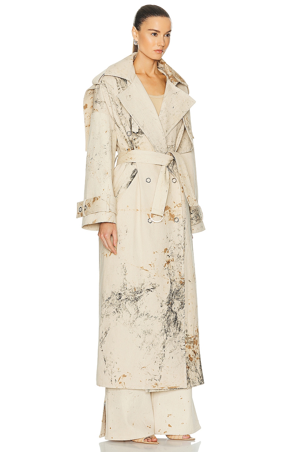 Lapointe Splatter Denim Double Breasted Trench Coat in Splatter | FWRD