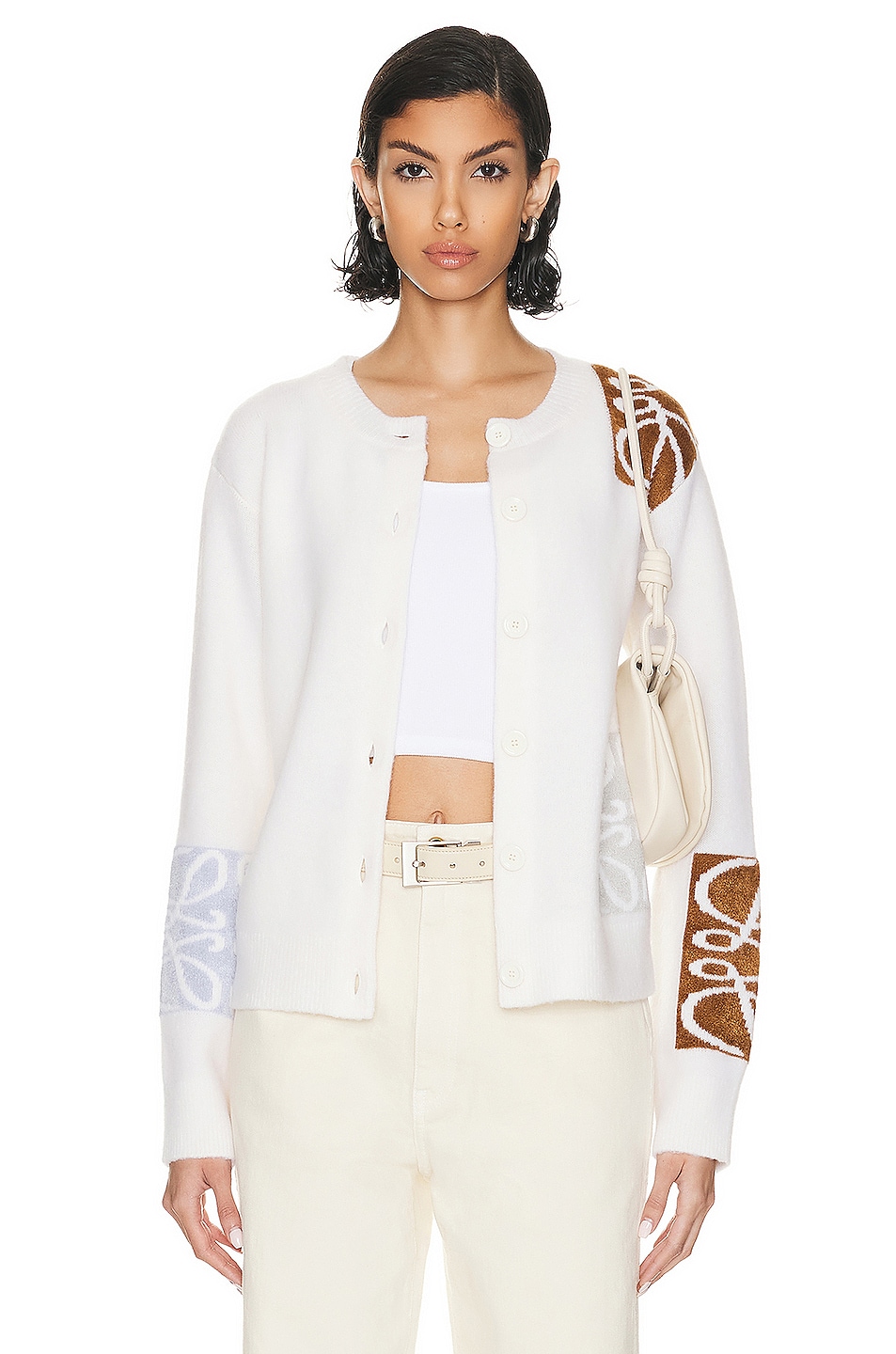Loewe Anagram Intarsia Cardigan in Soft White & Multi | FWRD