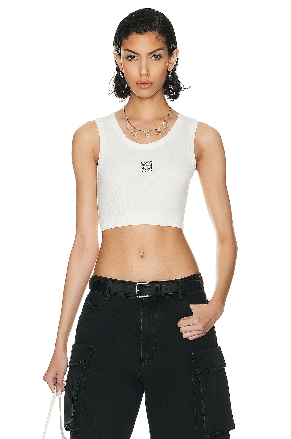 Loewe Cropped Anagram Tank Top in White & Navy Blue in Blanco | FWRD