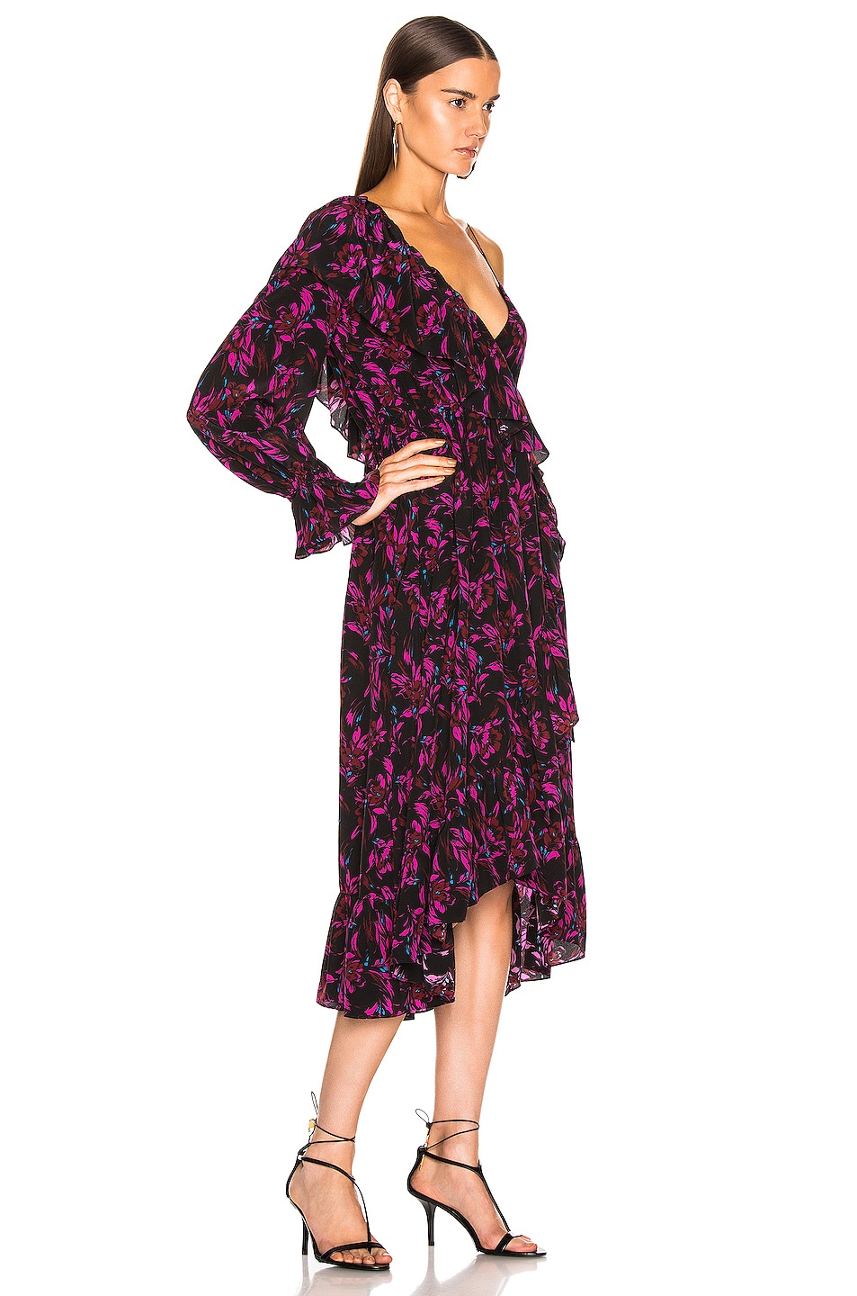 Les Reveries Asymmetrical Ruffle Wrap Dress in Wispy Floral Black | FWRD