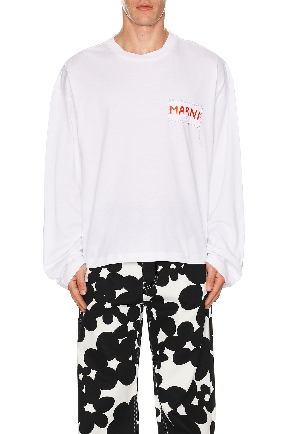 Marni Logo Long Sleeve Tee in Lily White | FWRD