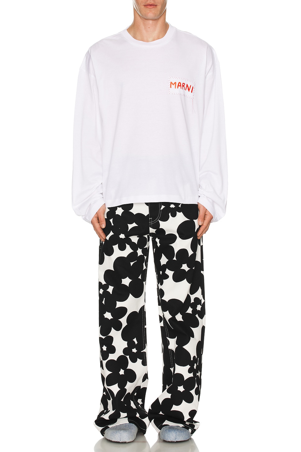 Marni Logo Long Sleeve Tee in Lily White | FWRD