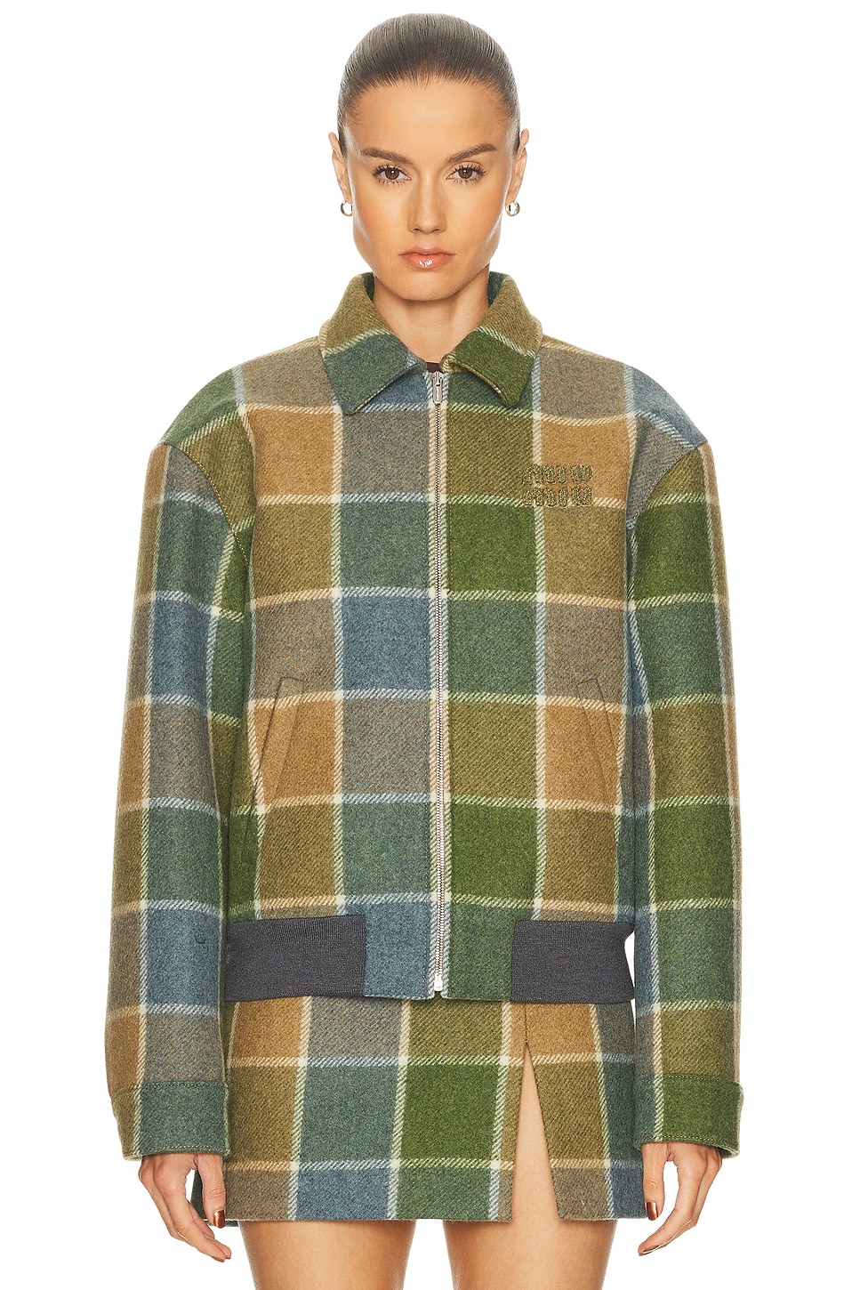 Miu Miu Check Padded Jacket in Cammello & Avio | FWRD