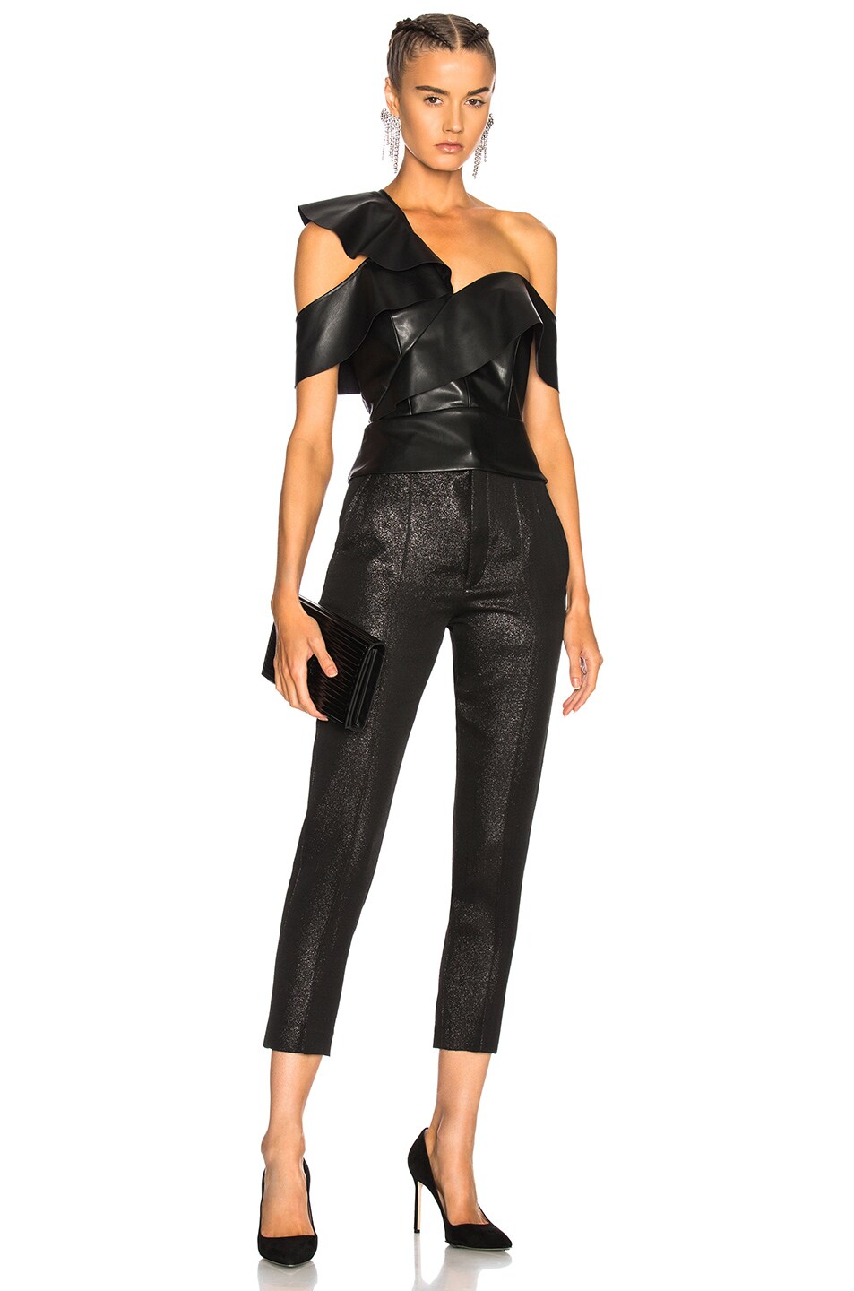 Michelle Mason Faux Leather Ruffle Top in Black Faux | FWRD