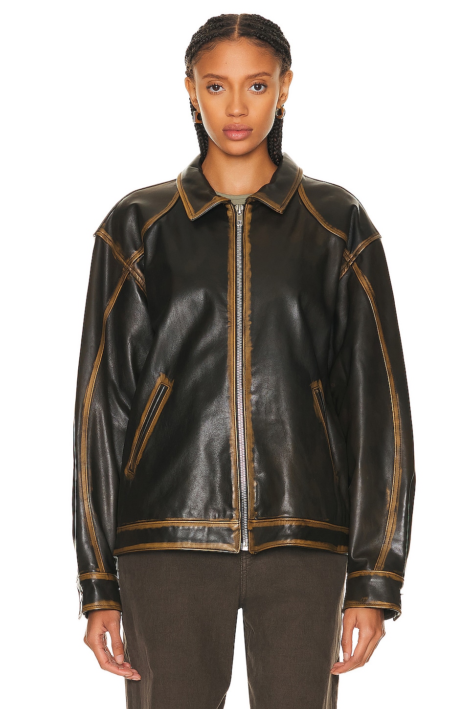 Mimchik Leather Tall Boy Jacket in Olive | FWRD