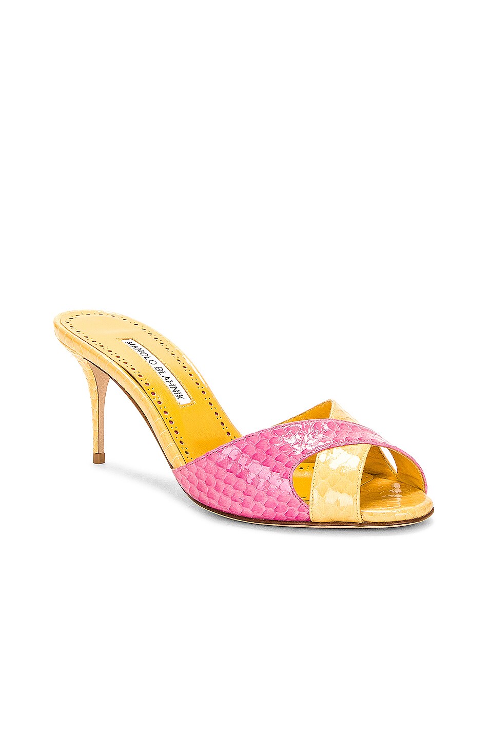 Manolo Blahnik Mumbimu 70 Snake Mule in Bright Pink & Bright Yellow | FWRD