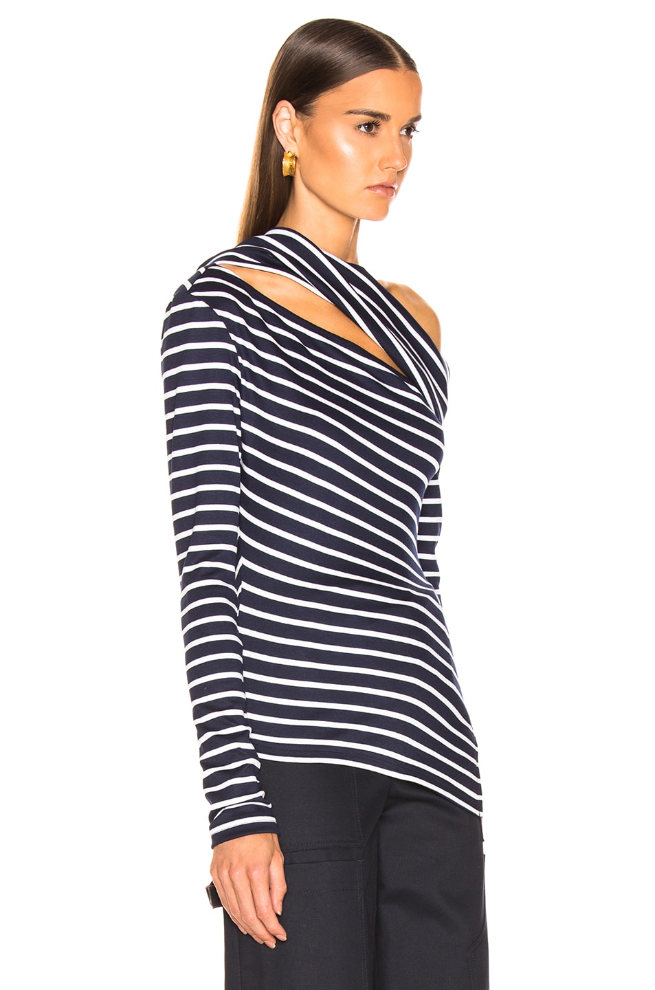 Monse Knit Fitted Slashed Shoulder Sweater in Navy & Ivory | FWRD