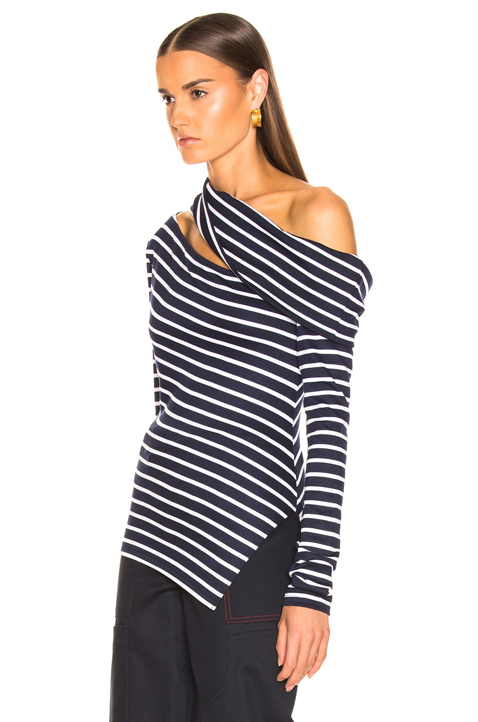 Monse Knit Fitted Slashed Shoulder Sweater in Navy & Ivory | FWRD
