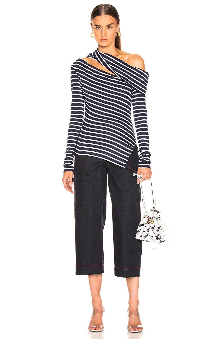 Monse Knit Fitted Slashed Shoulder Sweater in Navy & Ivory | FWRD