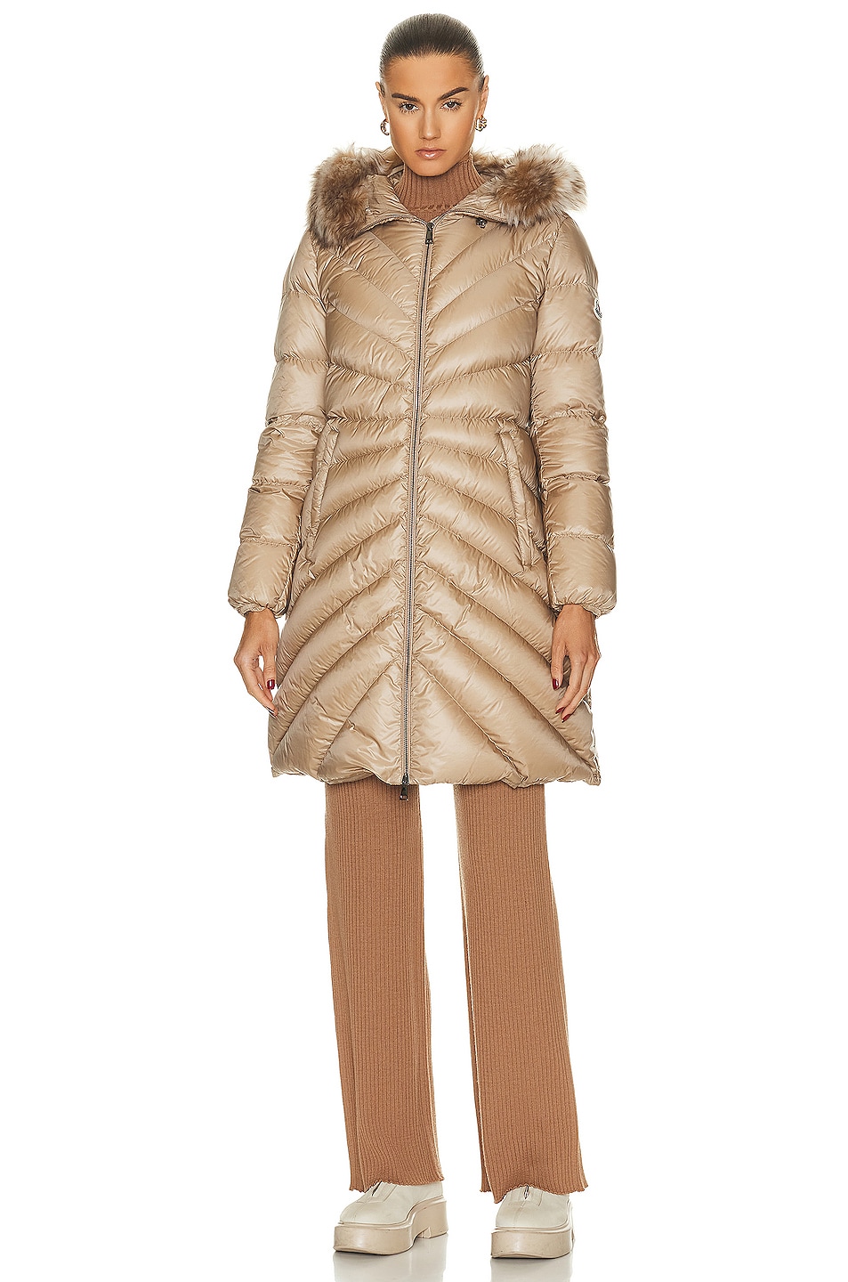 Moncler Chandre Long Coat in Beige | FWRD