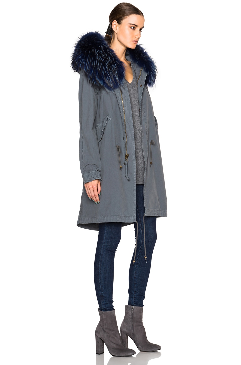 Mr & Mrs Italy Canvas Parka Jacket with Raccoon Fur in Grey & Lapis ...