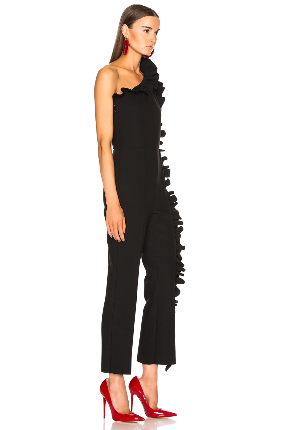 MSGM One Shoulder Ruffle Jumpsuit in Black | FWRD