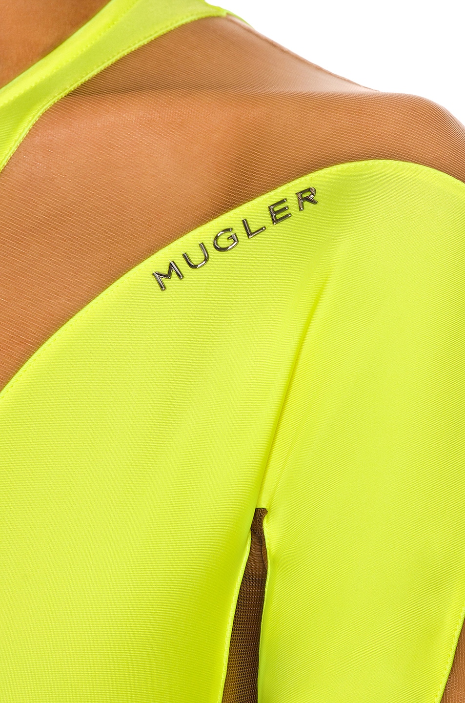 Mugler Sheer Tulle Bodysuit in Neon Yellow & Nude | FWRD