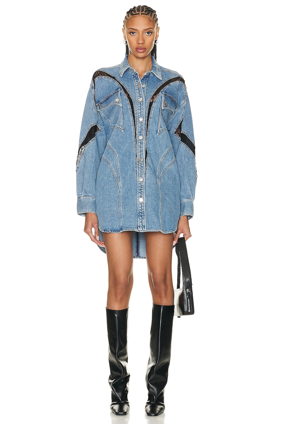 Mugler Lace Spiral Western Shirt in Medium Blue & Black | FWRD