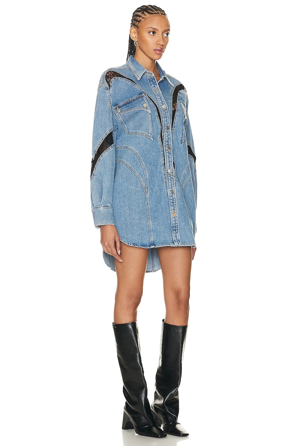 Mugler Lace Spiral Western Shirt in Medium Blue & Black | FWRD