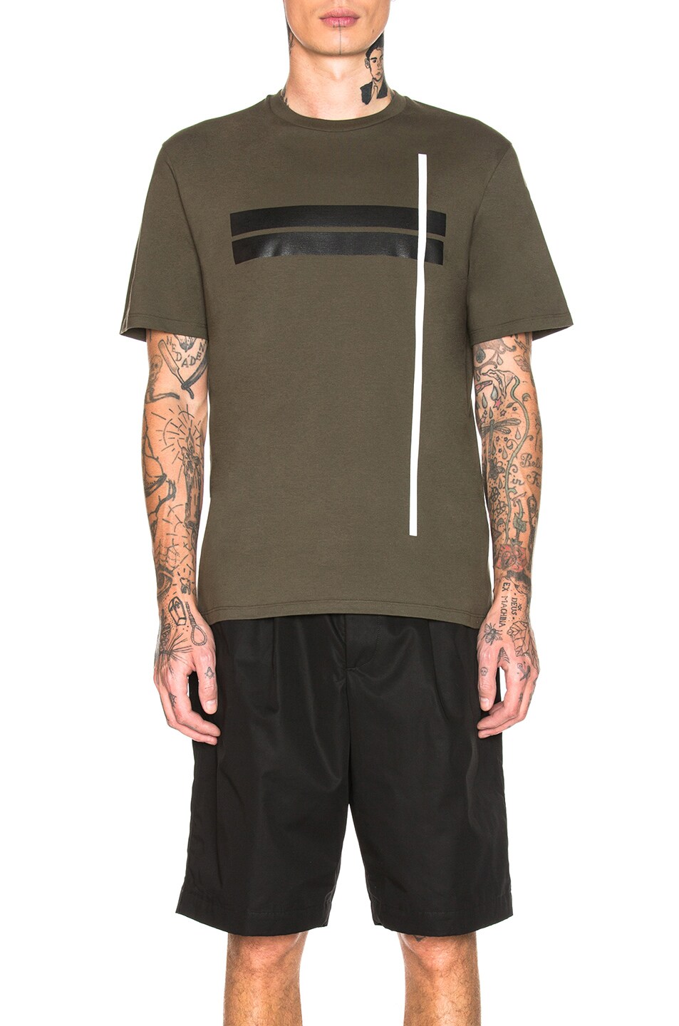 Neil Barrett Minimal Double Line Tee in Military & Black & White | FWRD