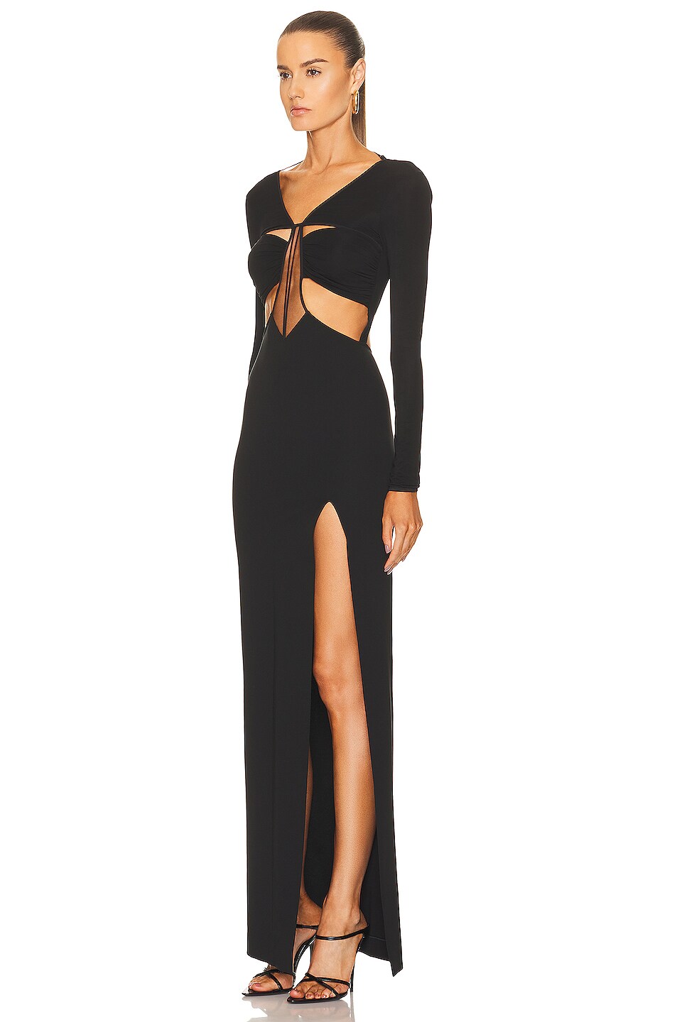 Nensi Dojaka Deep V-Neck Draped Bra Long Sleeve Dress in Black | FWRD