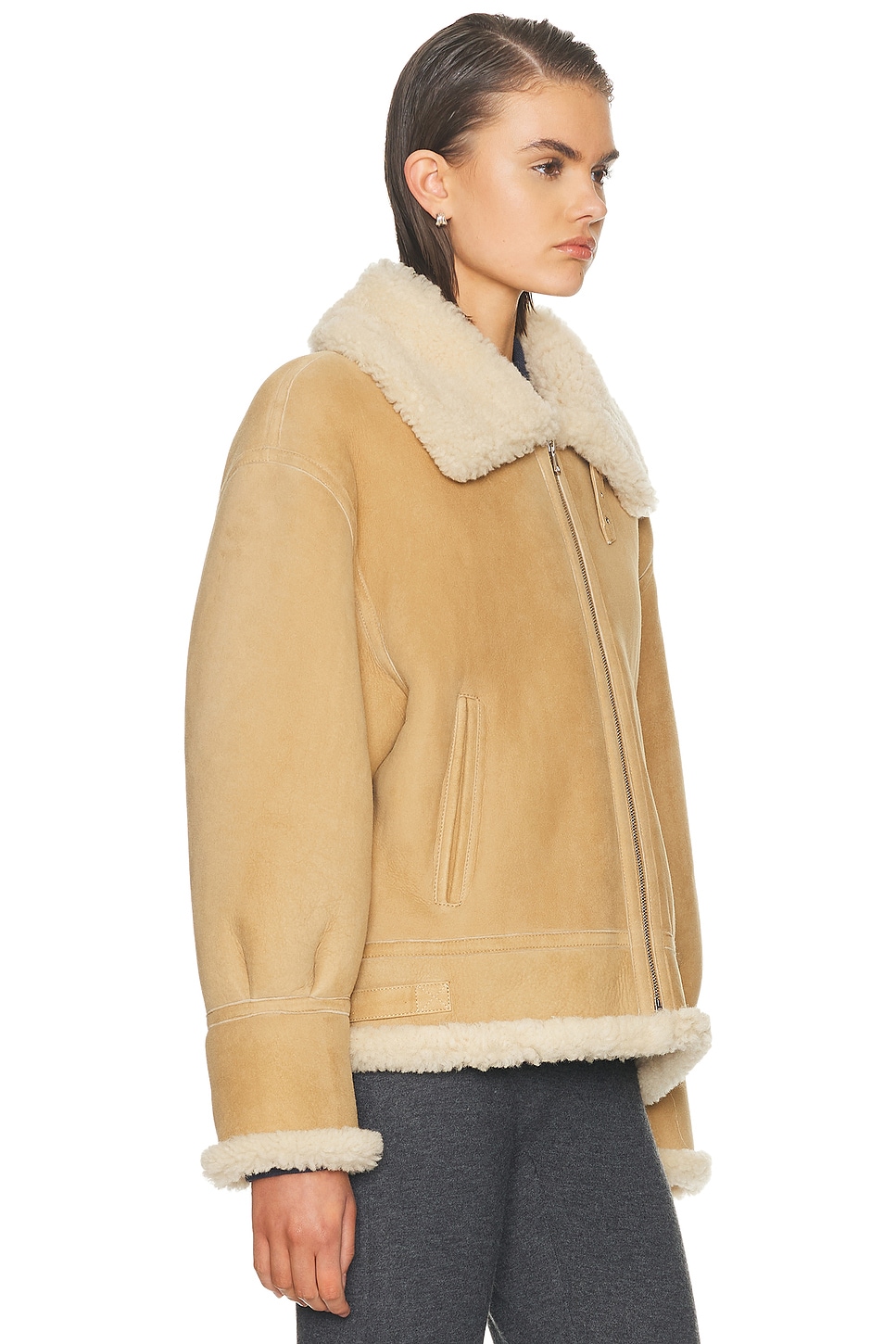 NOUR HAMMOUR Portia Modern Shearling Aviator Jacket in Biscuit | FWRD