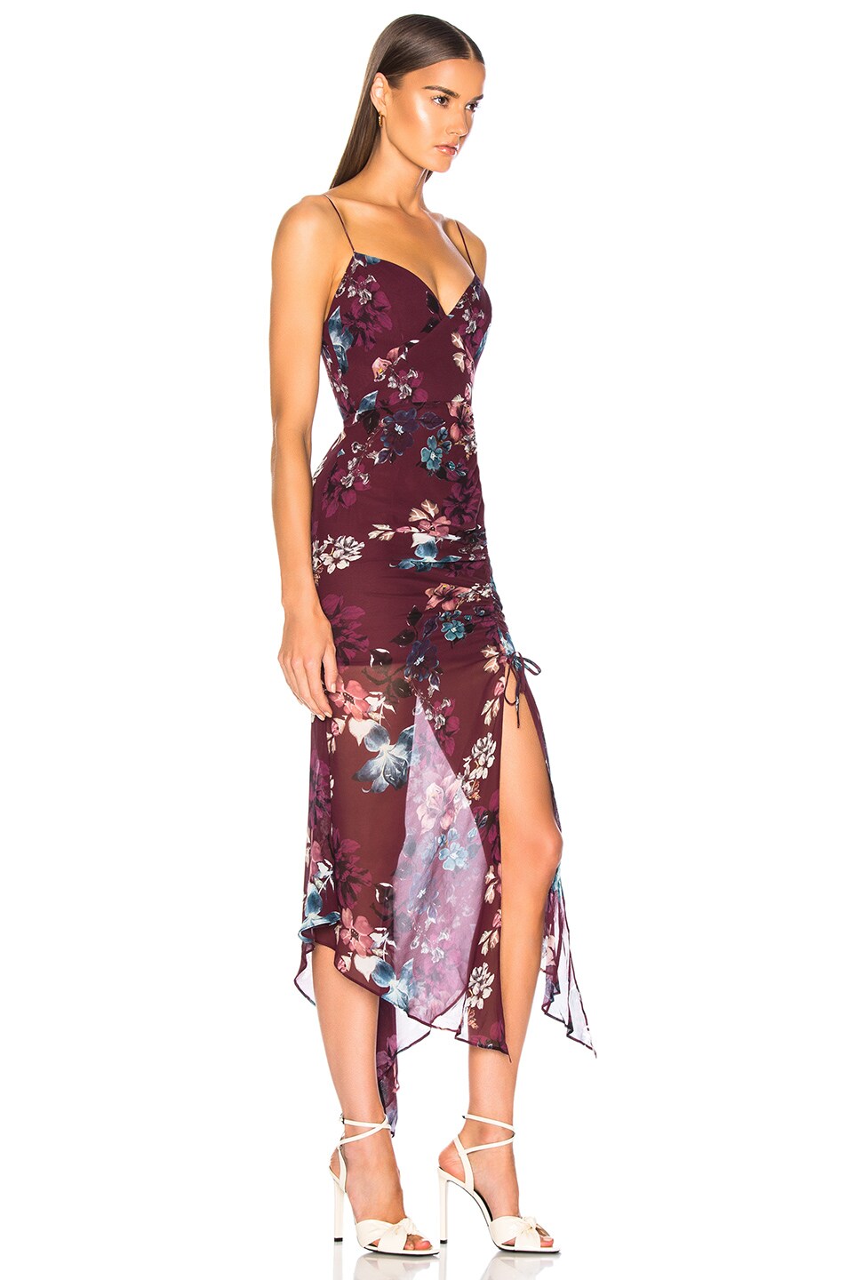 NICHOLAS Floral Drawstring Dress in Burgundy | FWRD