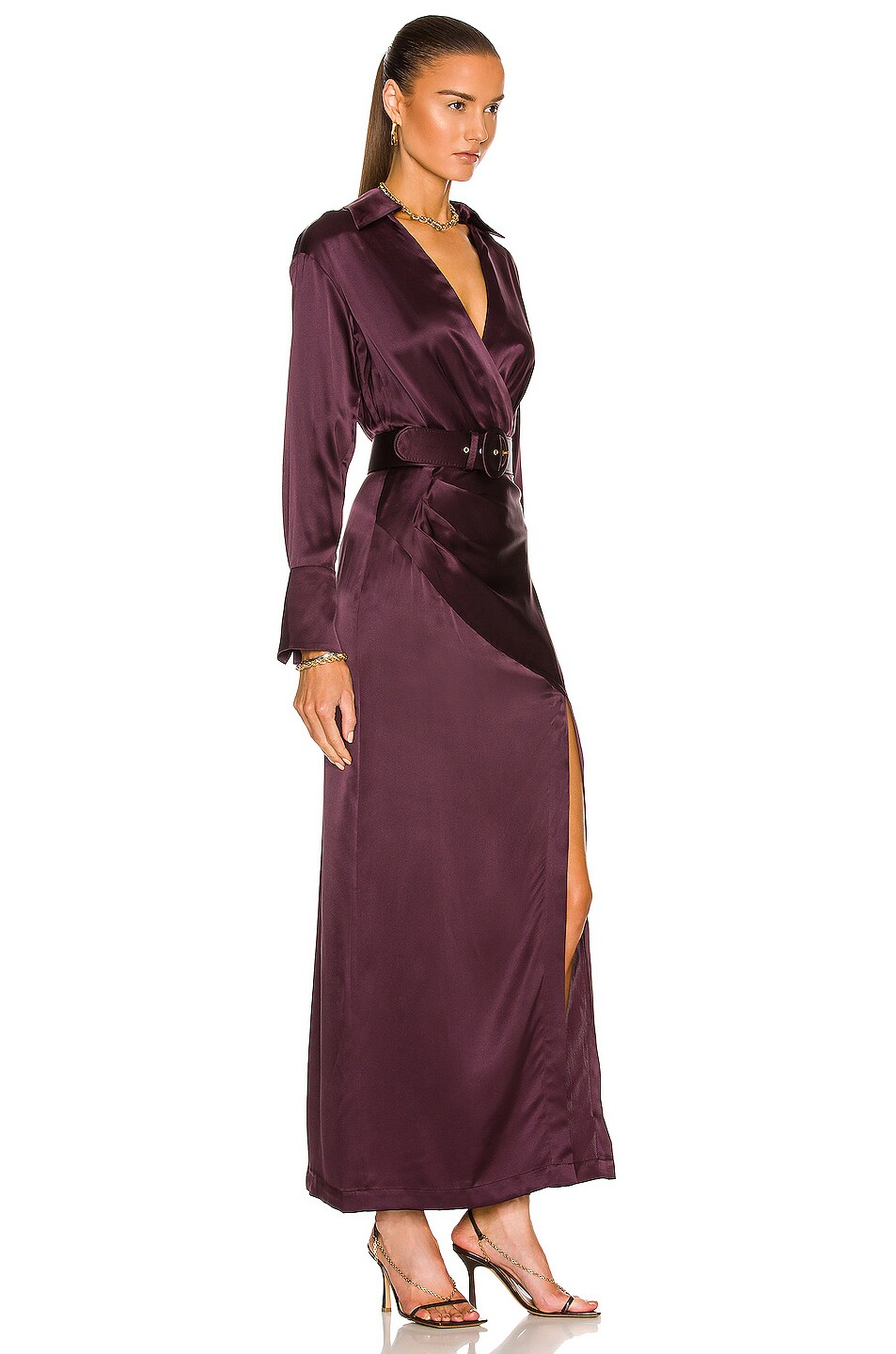 NICHOLAS Electra Deep V Crossover Gown in Prune | FWRD