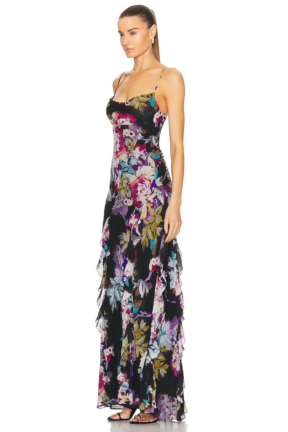 NICHOLAS Kamila Ruffle Cowl Gown in Antique Floral Black | FWRD