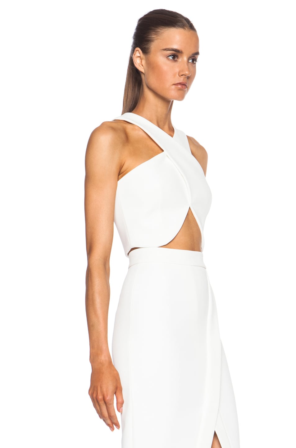 NICHOLAS Bonded Poly Crepe Cross Over Crop Top in White | FWRD