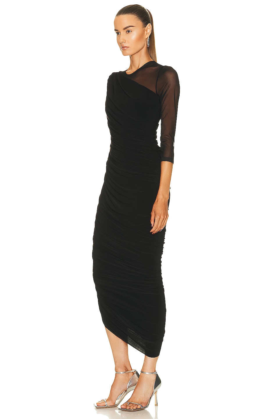 Norma Kamali Long Sleeve Diana Gown in Black & Black Mesh | FWRD