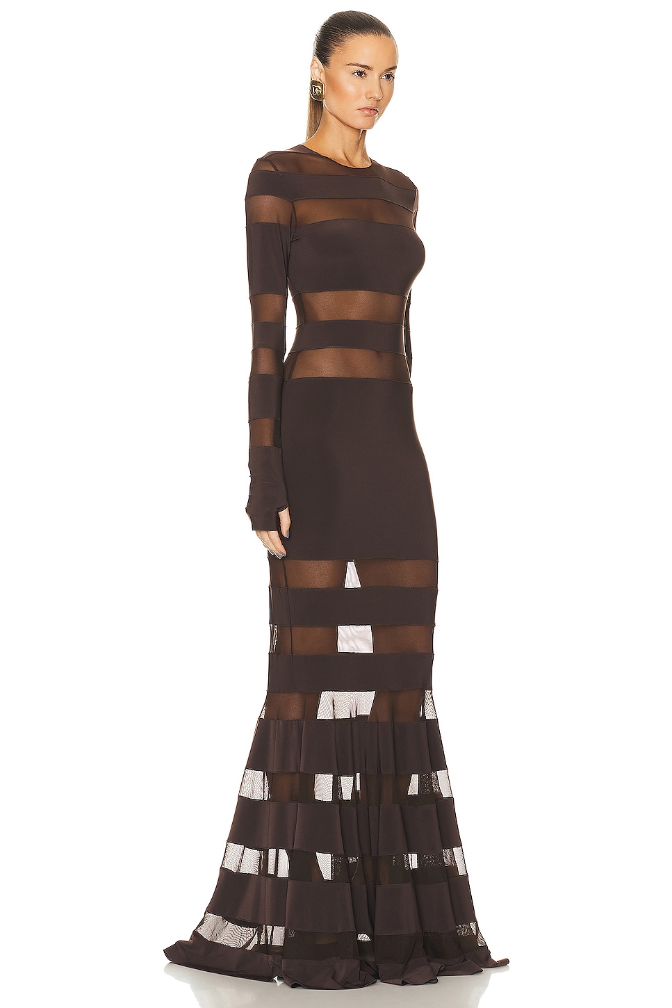Norma Kamali Spliced Dress Fishtail Gown in Chocolate & Chocolate Mesh | FWRD
