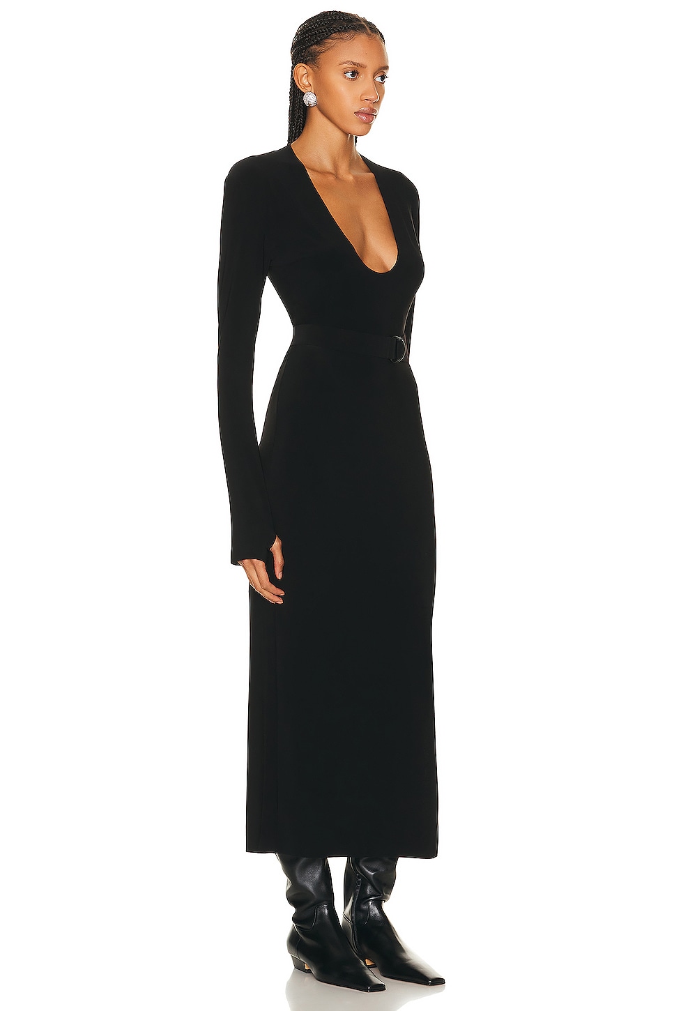 Norma Kamali Long Sleeve Deep U Neck Side Slit Gown in Black | FWRD