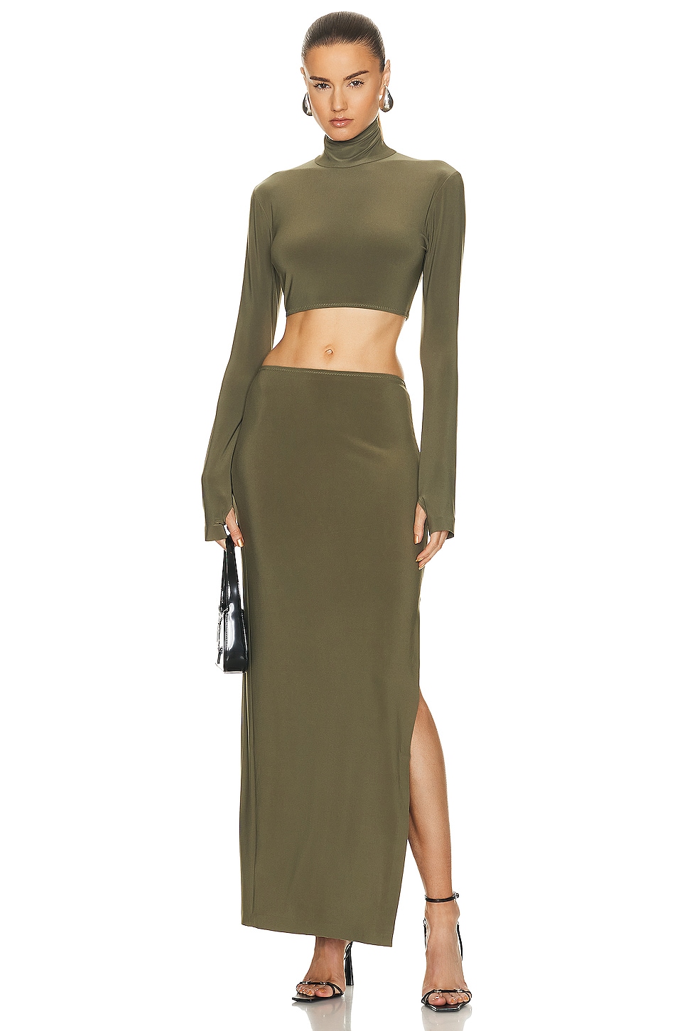 Norma Kamali Cropped Slim Fit Long Sleeve Turtleneck Top In Military Fwrd