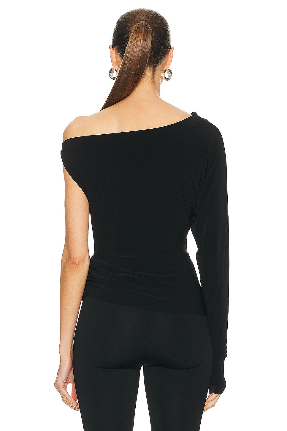Norma Kamali One Sleeve Drop Shoulder Side Drape Top in Black | FWRD