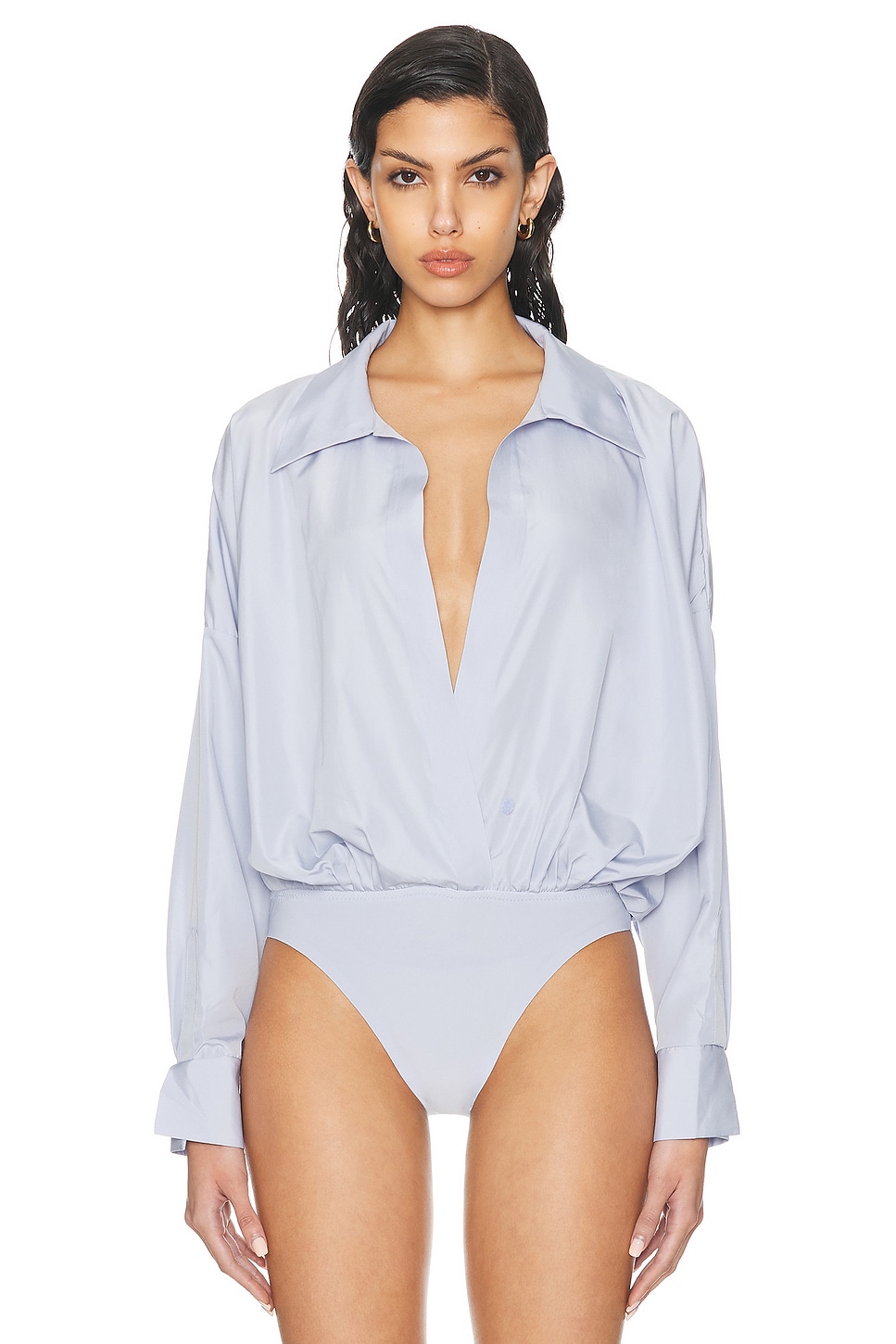Norma Kamali Super Oversized Boyfriend Shirt Bodysuit in Misty Blue | FWRD