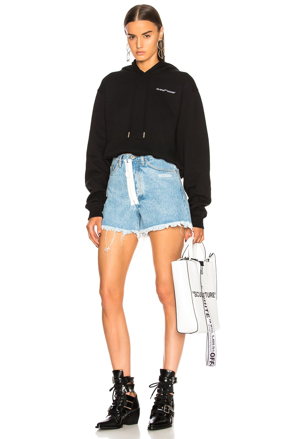 OFF-WHITE Quotes Cropped Hoodie in Black & White | FWRD