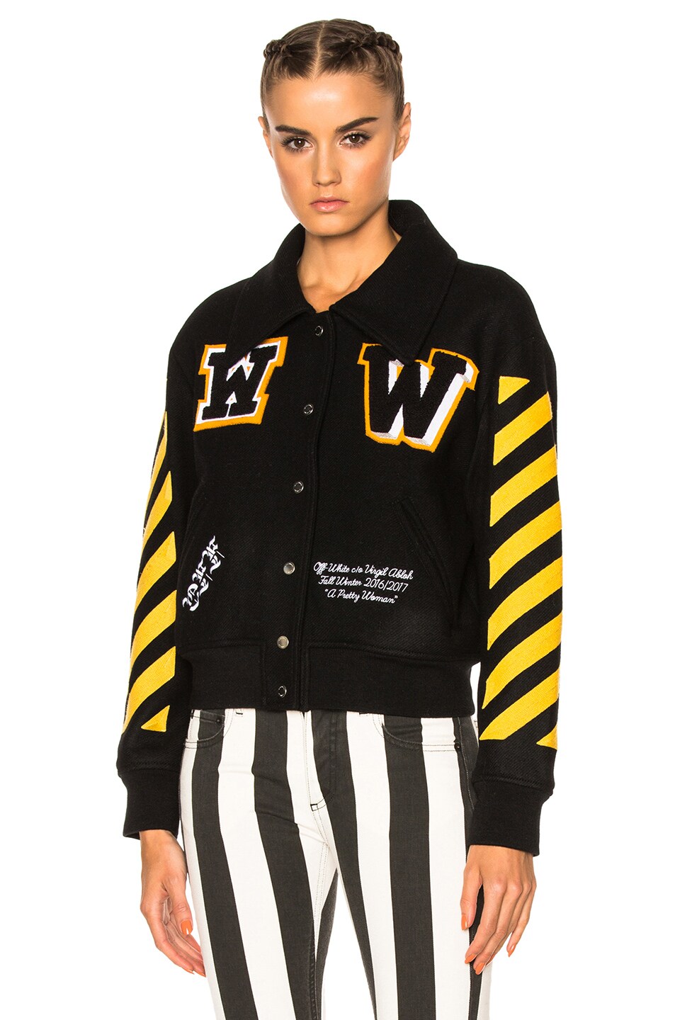 OFF-WHITE Varsity Bomber Jacket with Patches in Black & Yellow | FWRD