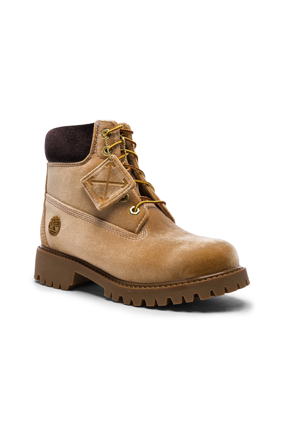 OFF-WHITE x Timberland Velvet Hiking Boots in Camel | FWRD