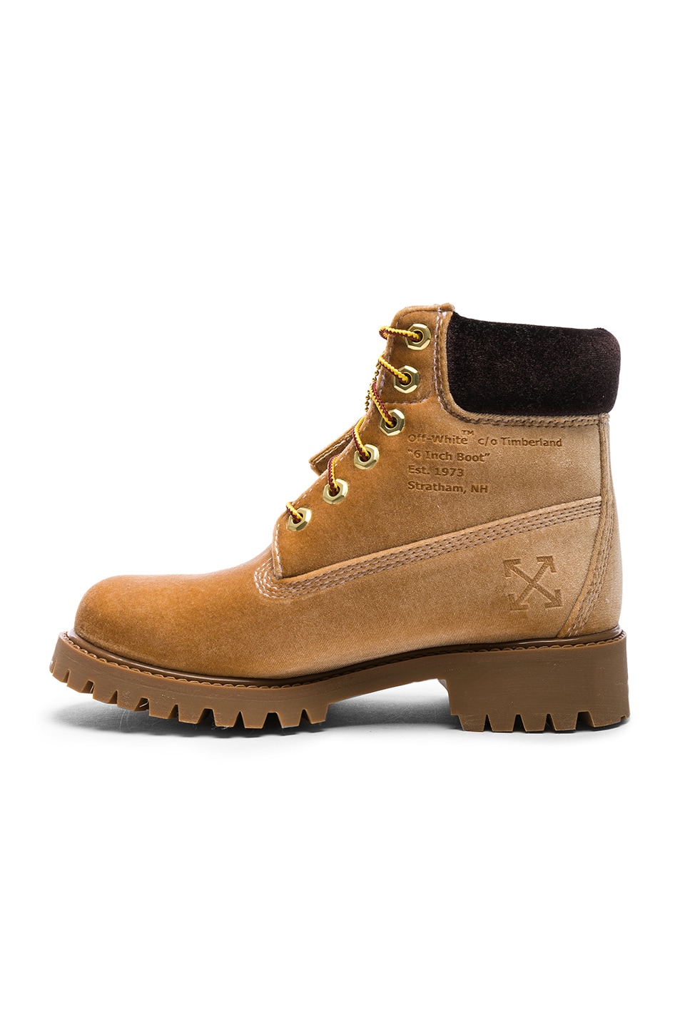 OFF-WHITE x Timberland Velvet Hiking Boots in Camel | FWRD