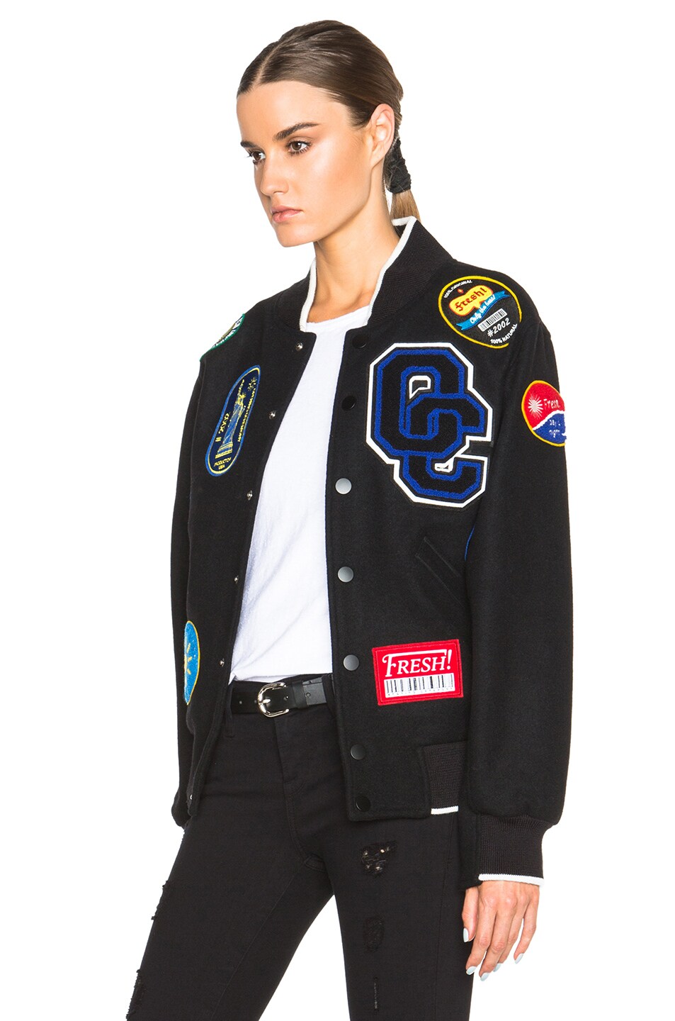 Opening Ceremony Fruit Sticker Varsity Jacket in Black | FWRD