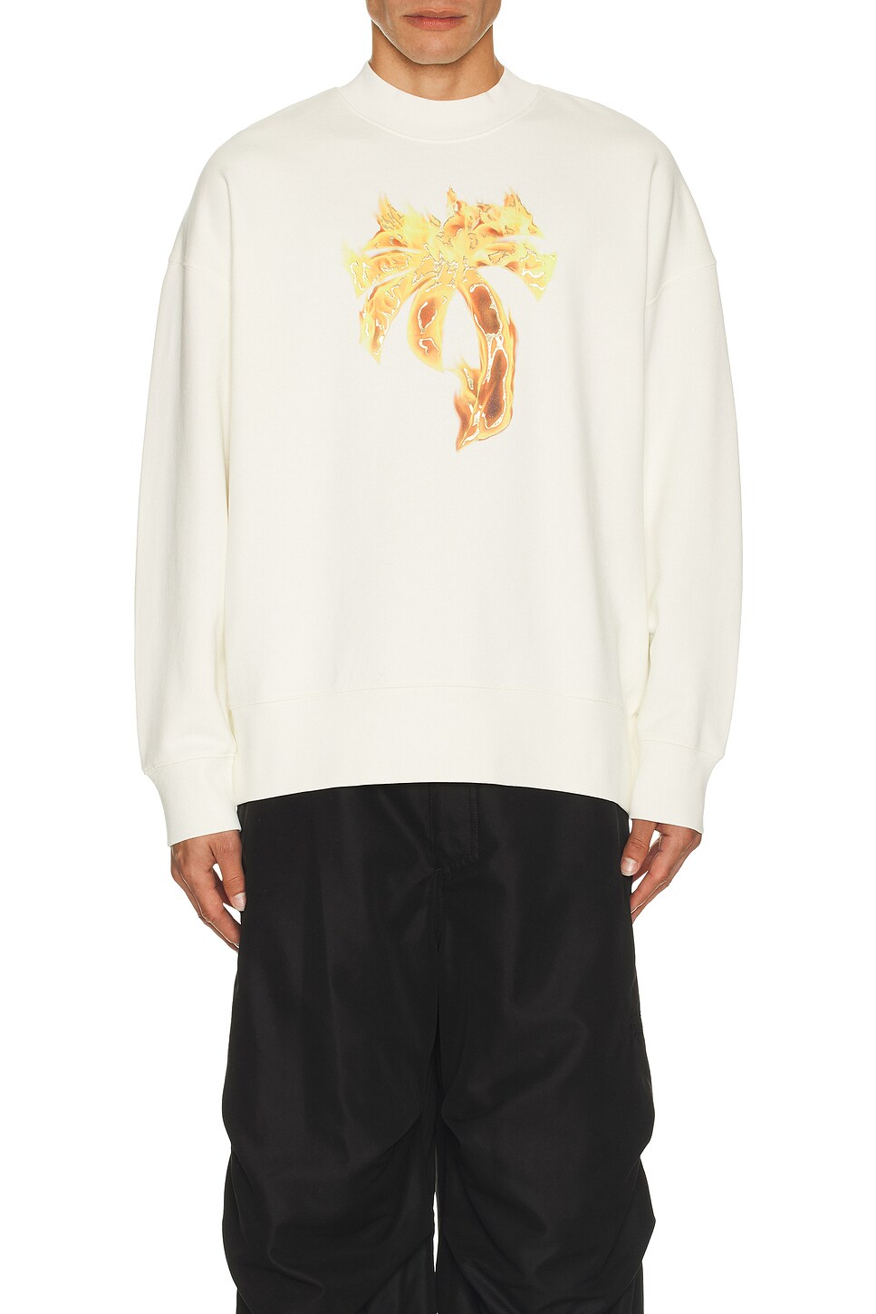 Palm Angels Burning Palm Crewneck in Off White | FWRD