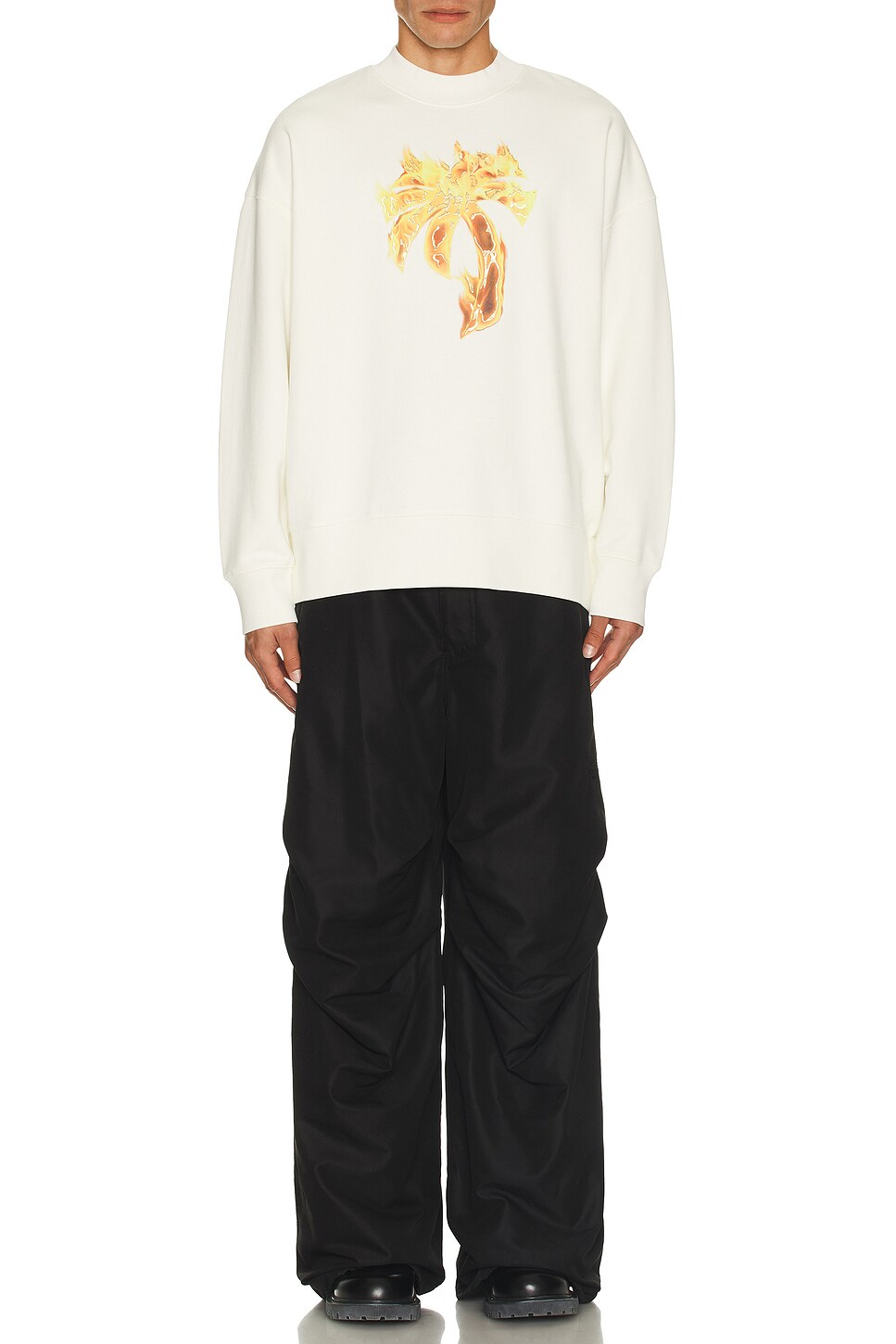 Palm Angels Burning Palm Crewneck in Off White | FWRD