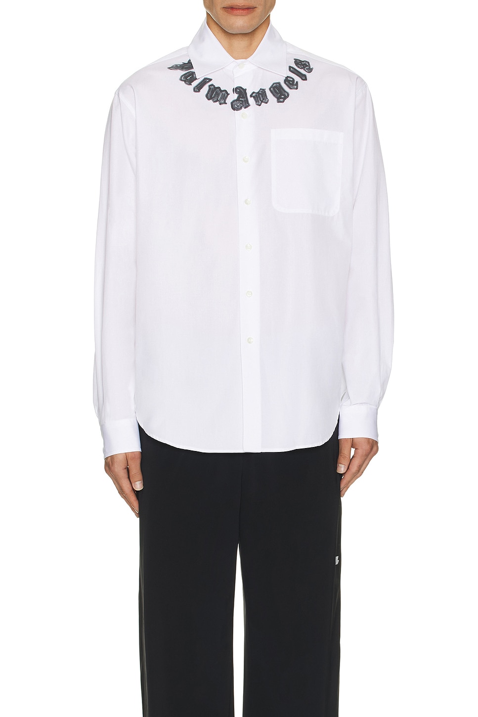 Palm Angels Neck Logo Classic Long Sleeve Shirt in White | FWRD