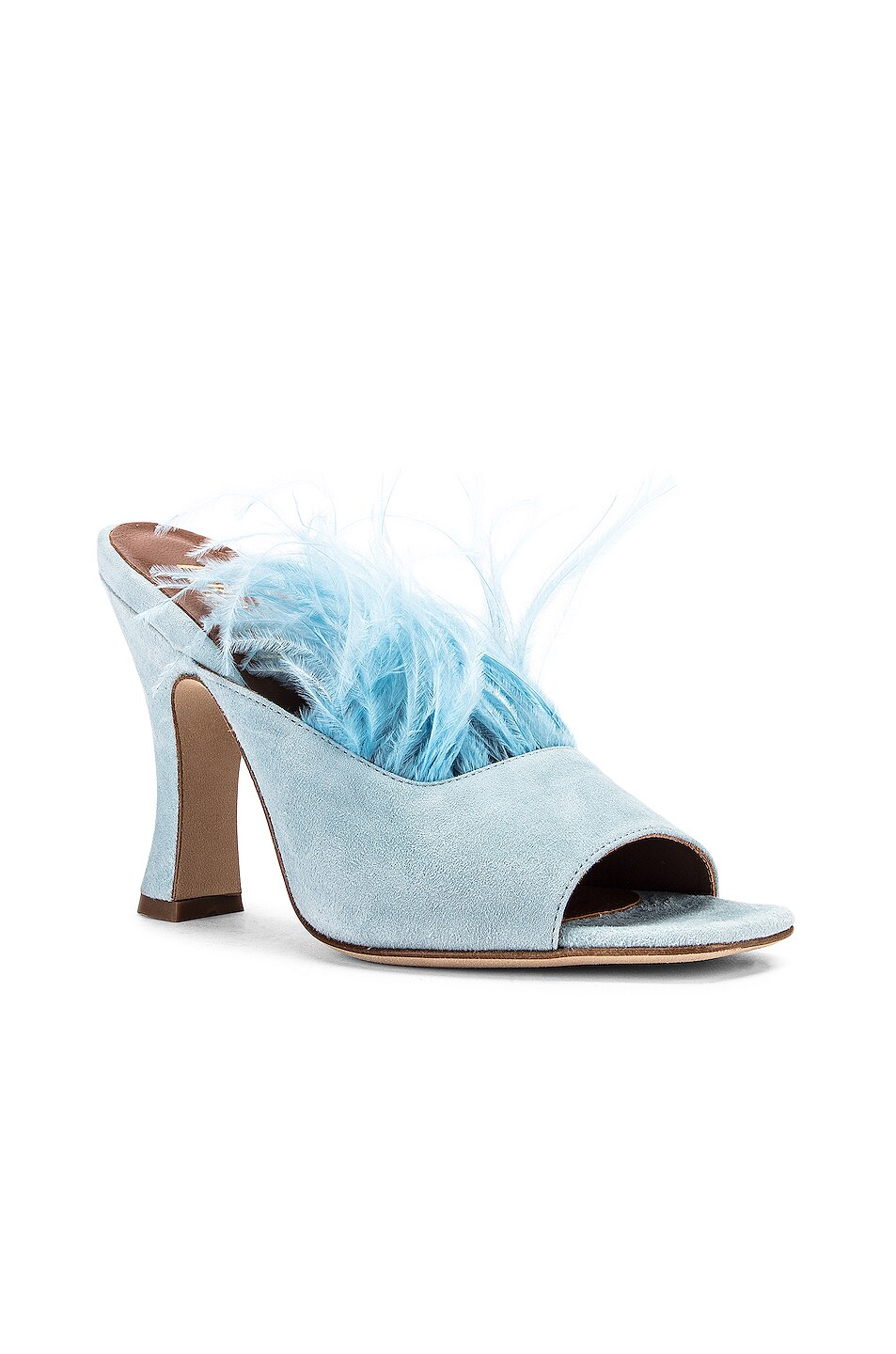 Paris Texas Suede Square Toe Mule with Marabou Feathers in Light Blue ...