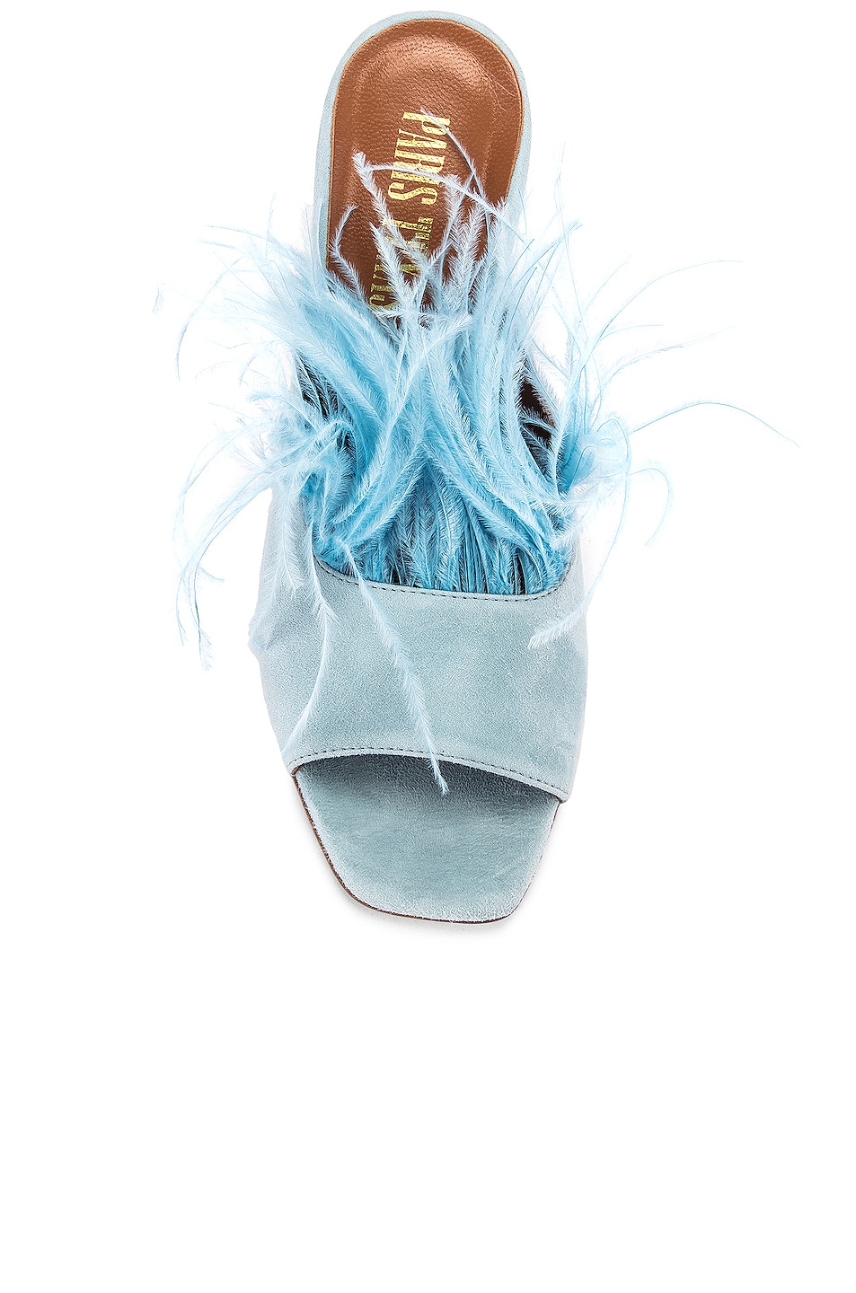 Paris Texas Suede Square Toe Mule with Marabou Feathers in Light Blue ...